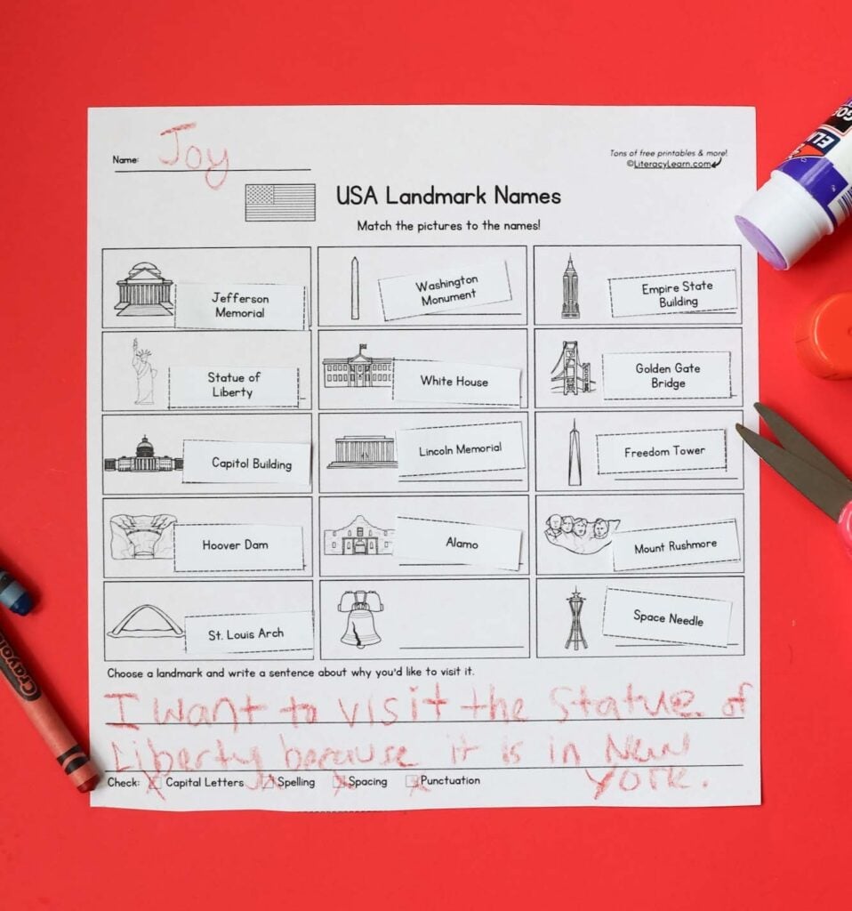 FREE USA Worksheets: I Spy America & US Landmarks - Literacy Learn