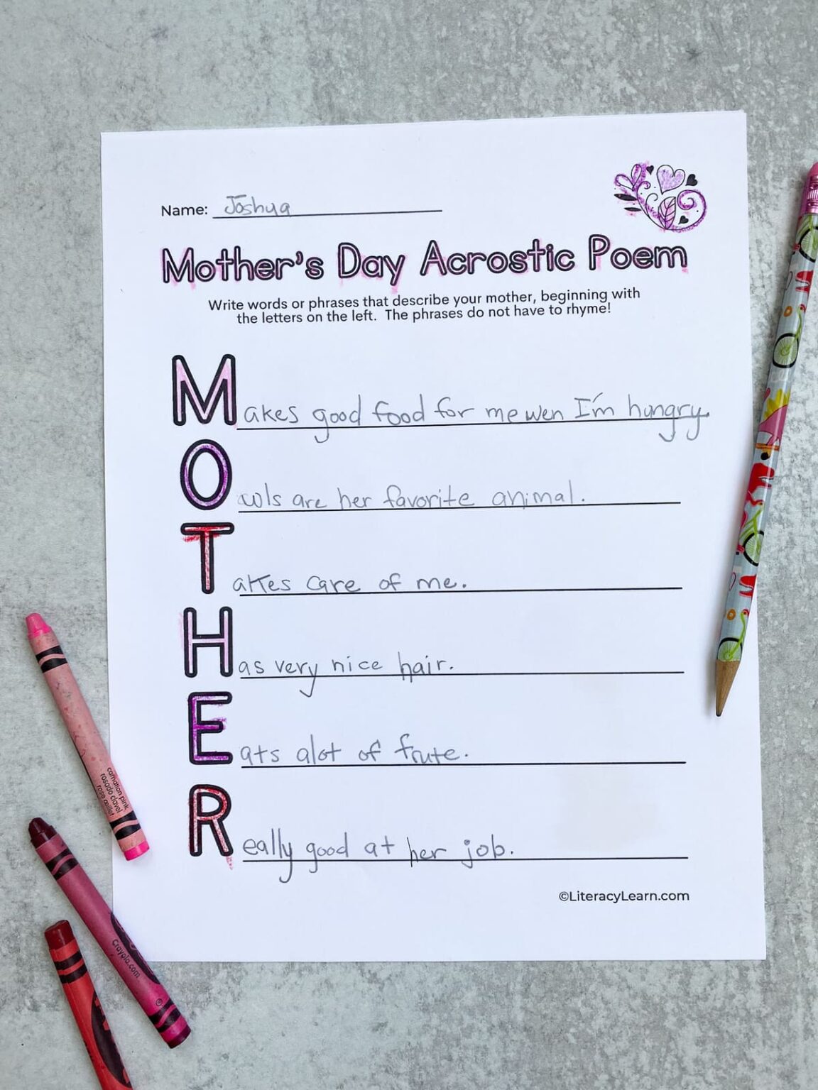 Mother's Day Acrostic FREE Printable for Mom & Grandma - Literacy Learn