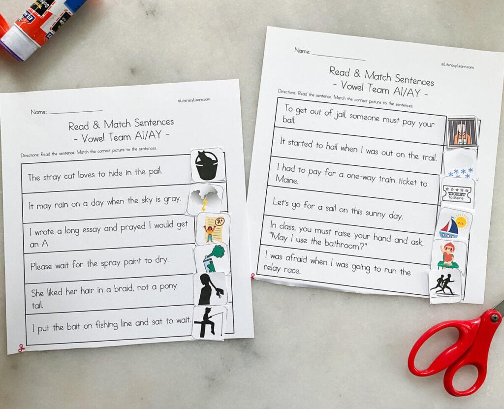 AI and AY Words: Read & Match Worksheets (FREE) - Literacy Learn