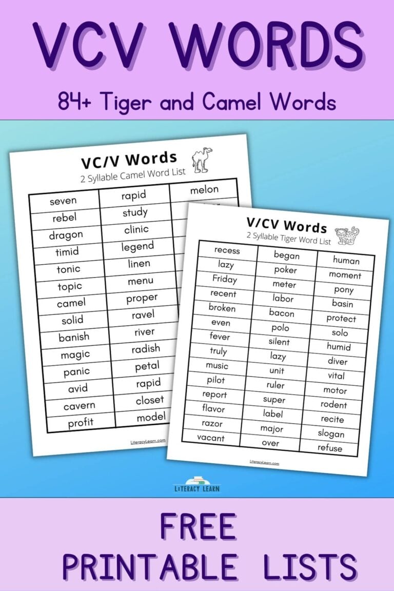 84 VCV Words & Word Lists: Free Printables - Literacy Learn