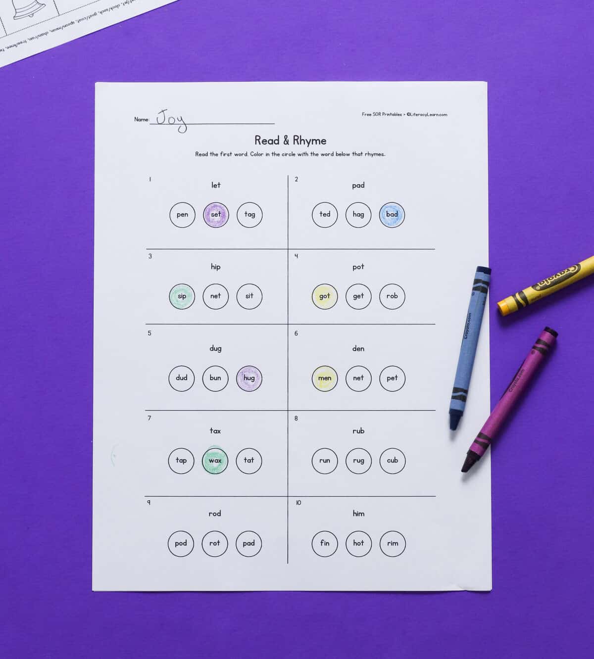 Rhyming Words Worksheets - Free Printables! - Literacy Learn