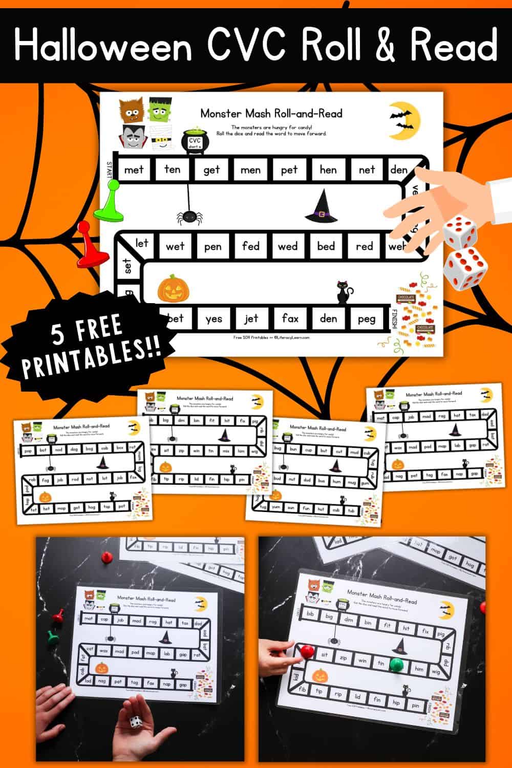 Halloween CVC Roll & Read Games - 5 FREE Printables - Literacy Learn
