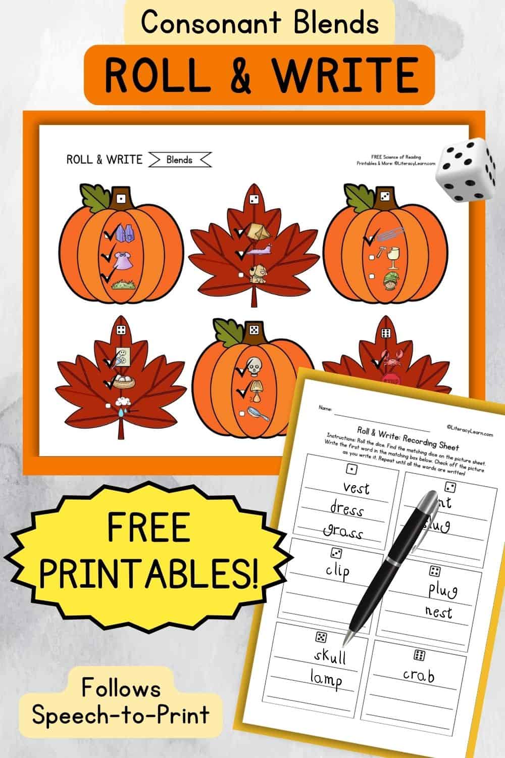 Fall Roll & Write for Consonant Blends - Free Printable! - Literacy Learn