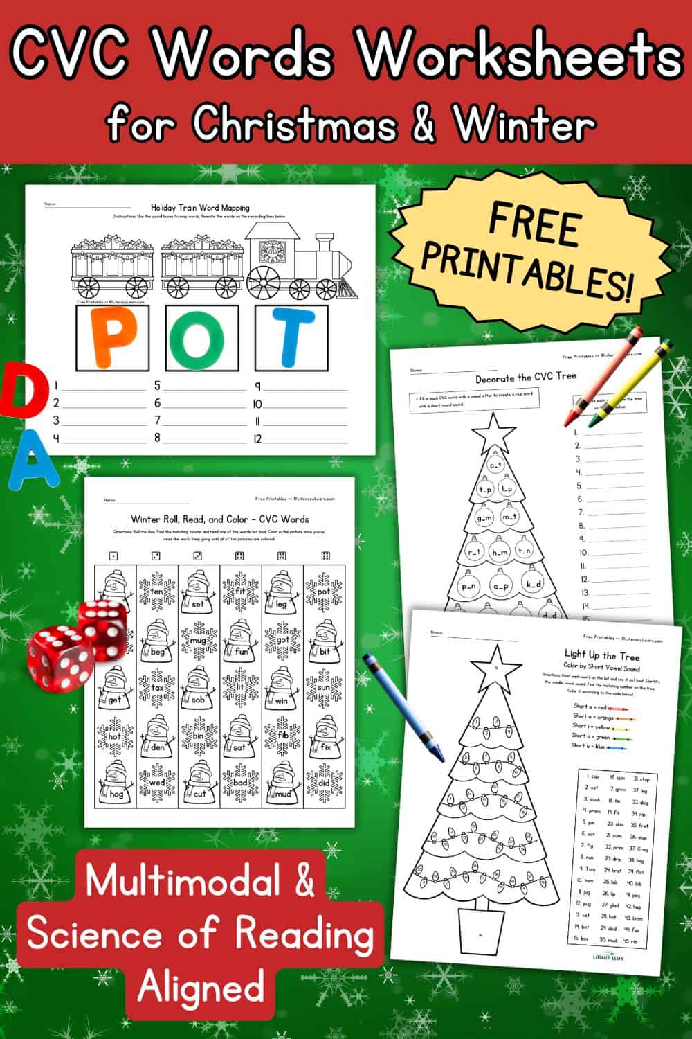 Christmas CVC Worksheets for Kindergarten - FREE Printables - Literacy ...