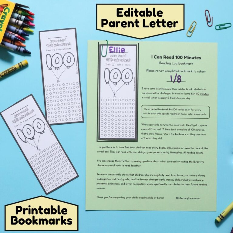FREE Reading Log Bookmark: 100 Minutes of Reading - Literacy Learn