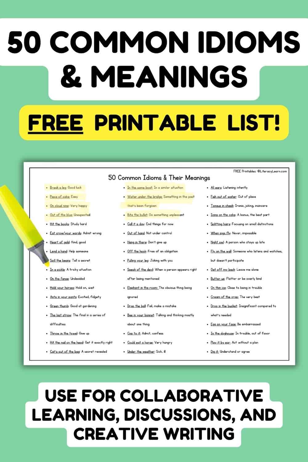50 Common Idioms & Their Meanings: FREE Printable - Literacy Learn